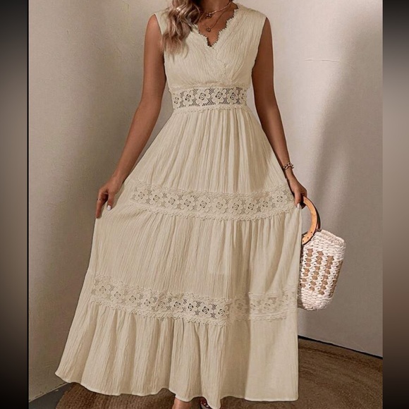 Dresses | Boho Sheer Mesh Floral Lace V Neck Smocked Sleeveless Dress ...